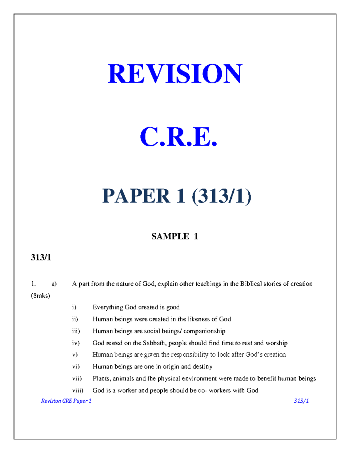 C.R.E. Paper 1 (313/1) Revision & Study Guide for Exams - Studocu