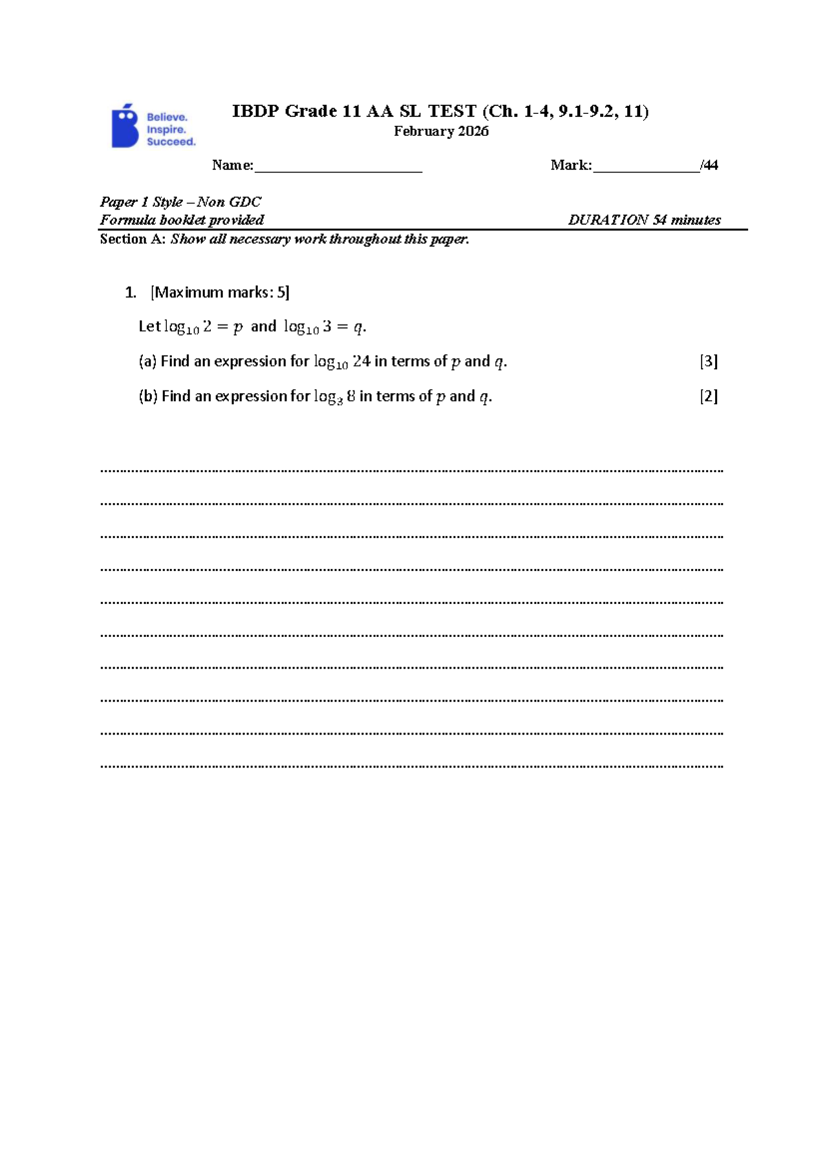 IBDP Grade 11 AA SL TEST (Ch. 11) February 2026 Paper 1 Review - Studocu