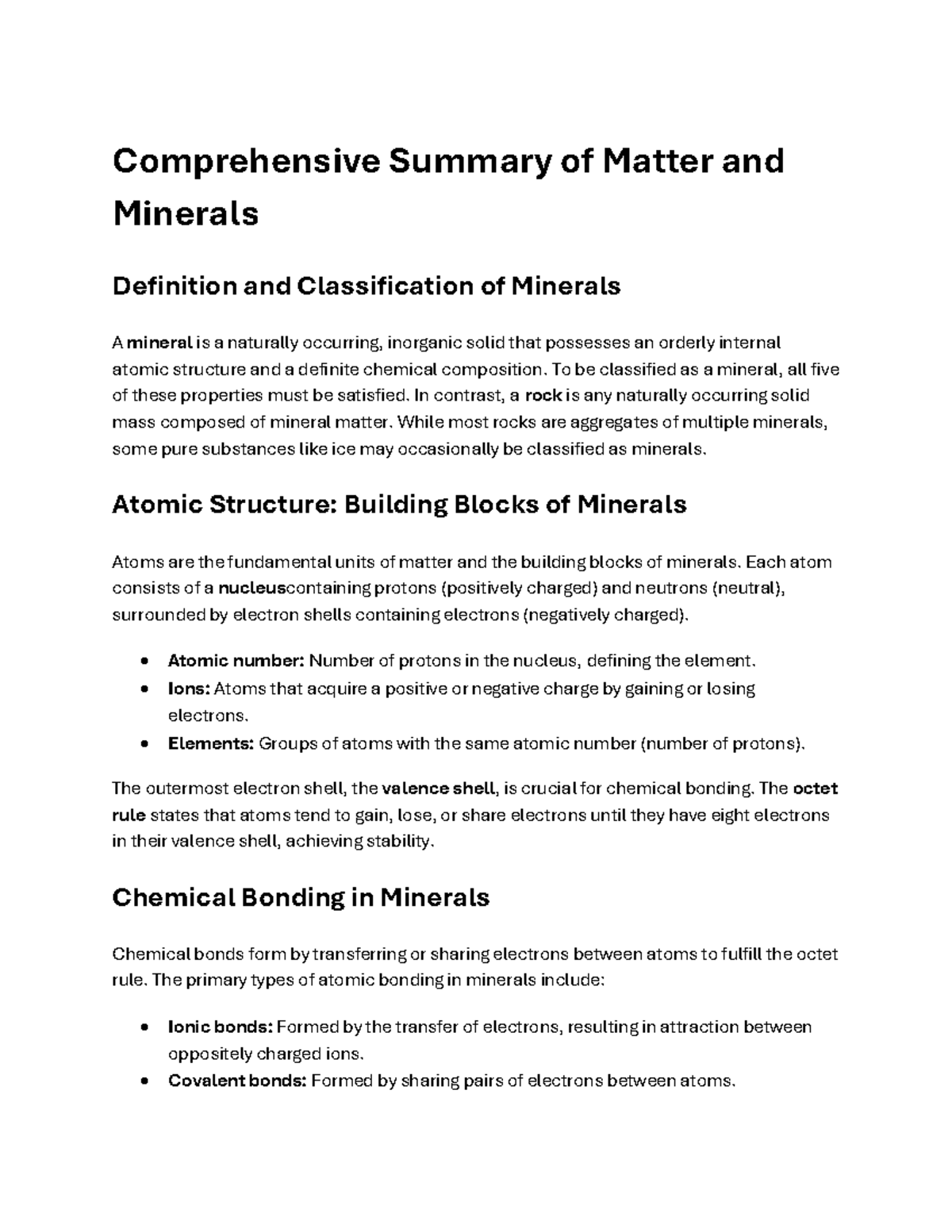 Comprehensive Summary of Chapter 2: Matter & Minerals (Earth Science-2 ...