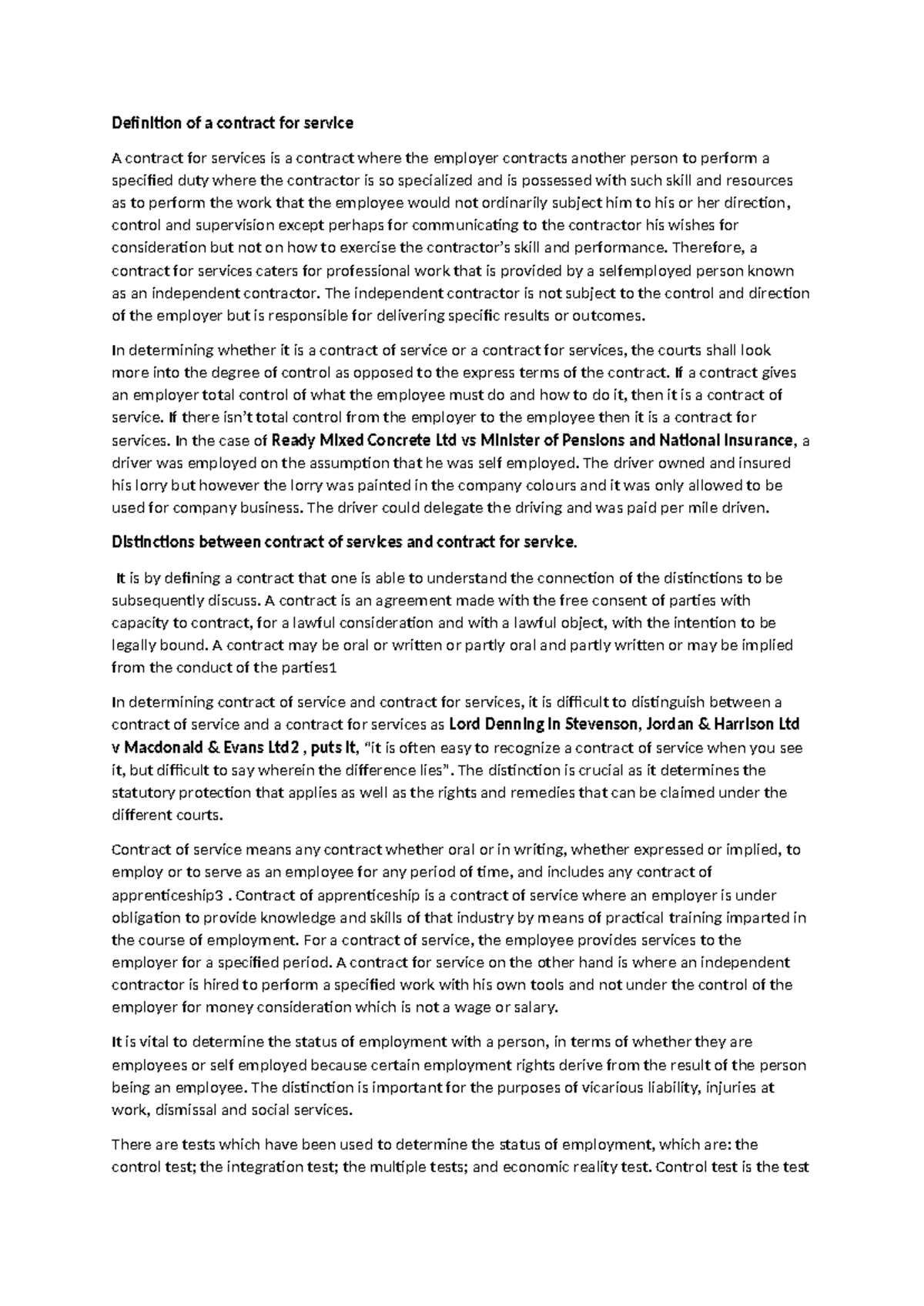 Distinctions Between Contract of Services and Contract for Service ...