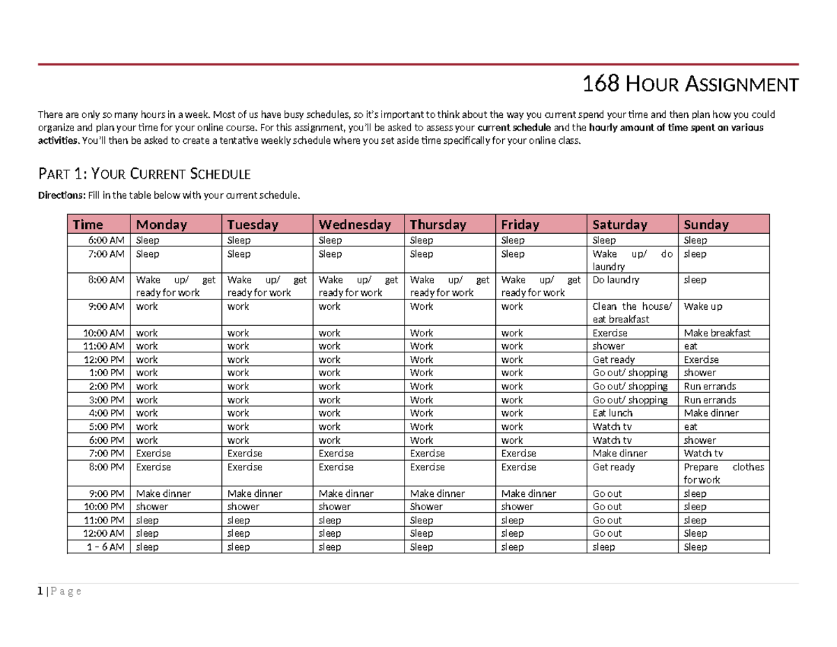168 Hour Time Management Assignment: Online Course Planning Guide - Studocu