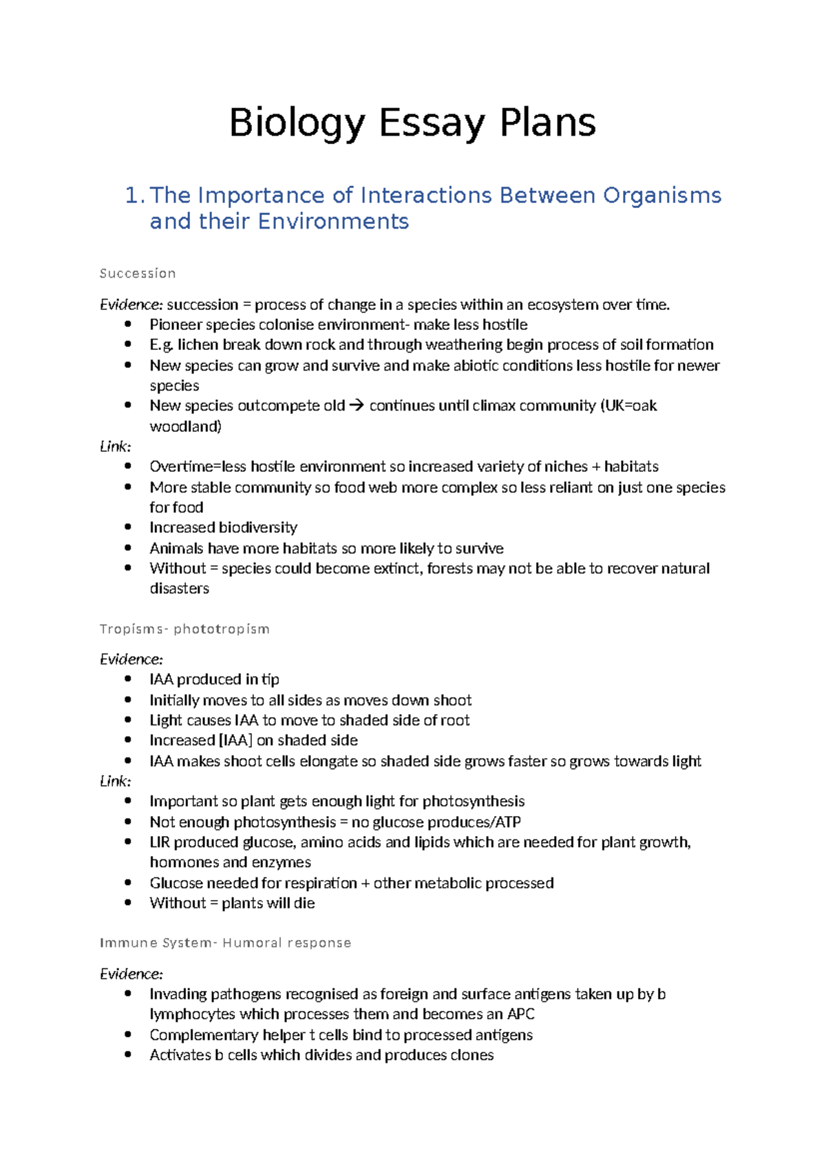Biology Essay Plans: Interactions, Responses, and Energy Transfer - Studocu