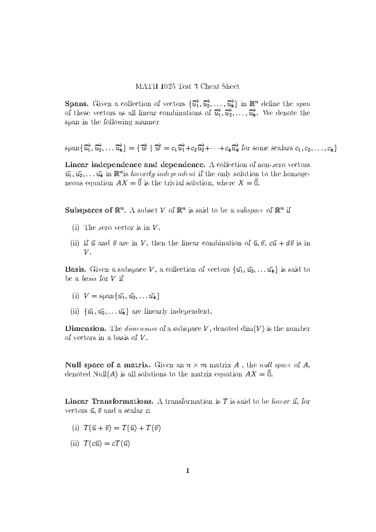 MATH 1025 Test 3 Cheat Sheet: Spans and Linear Algebra Concepts - Studocu