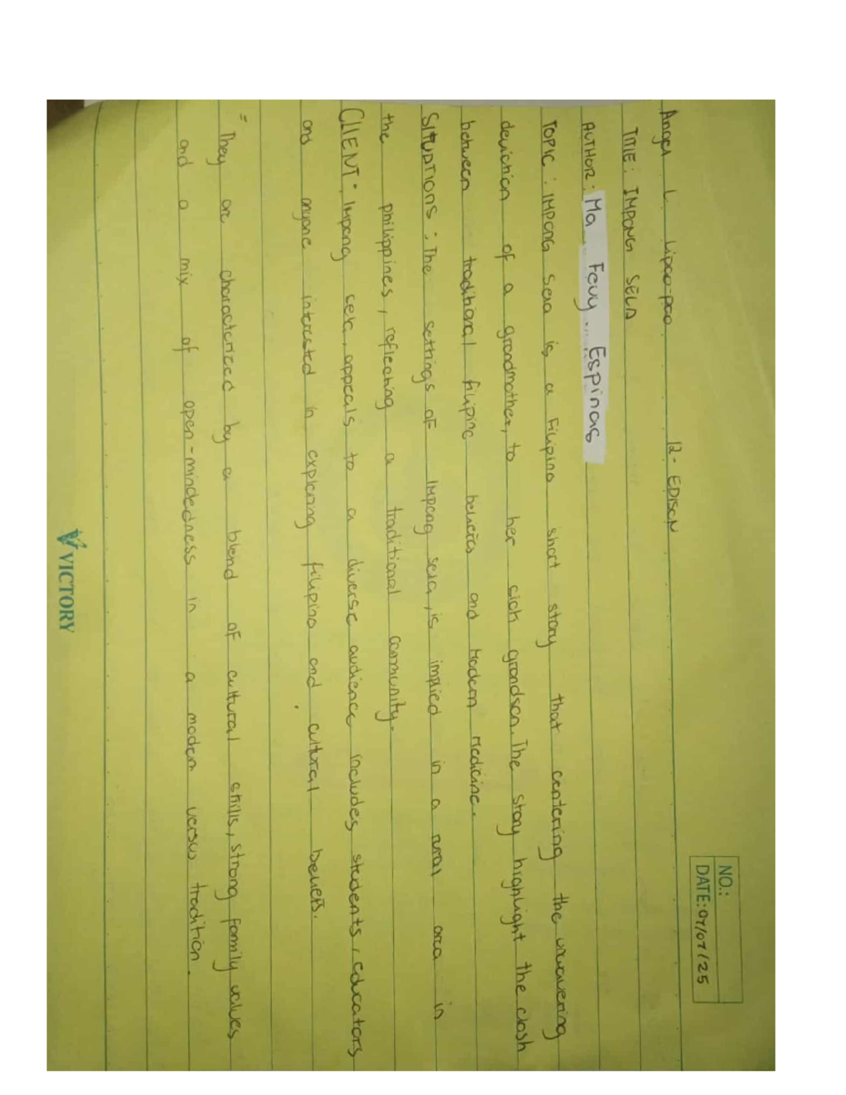Filipino Short Story Analysis: Impong Sela by Ma Fevy Espinas - Studocu