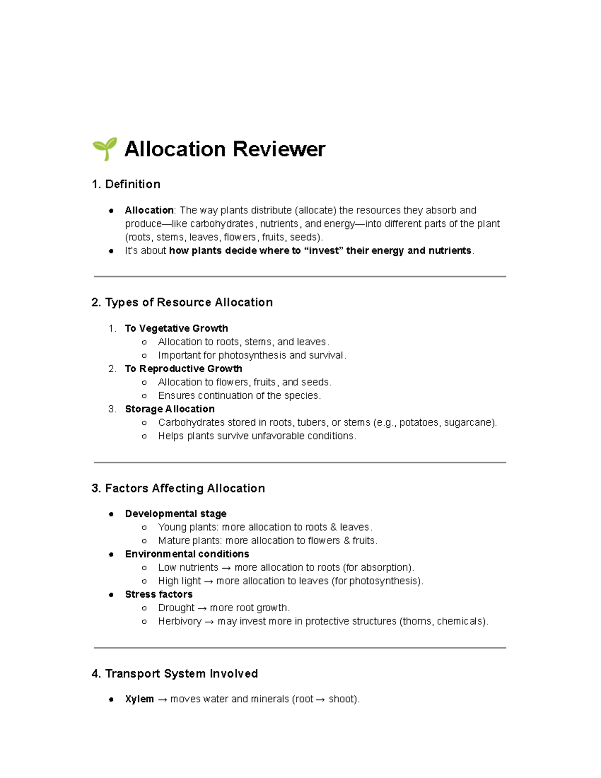 Biology Allocation: Resource Distribution in Plants - Studocu