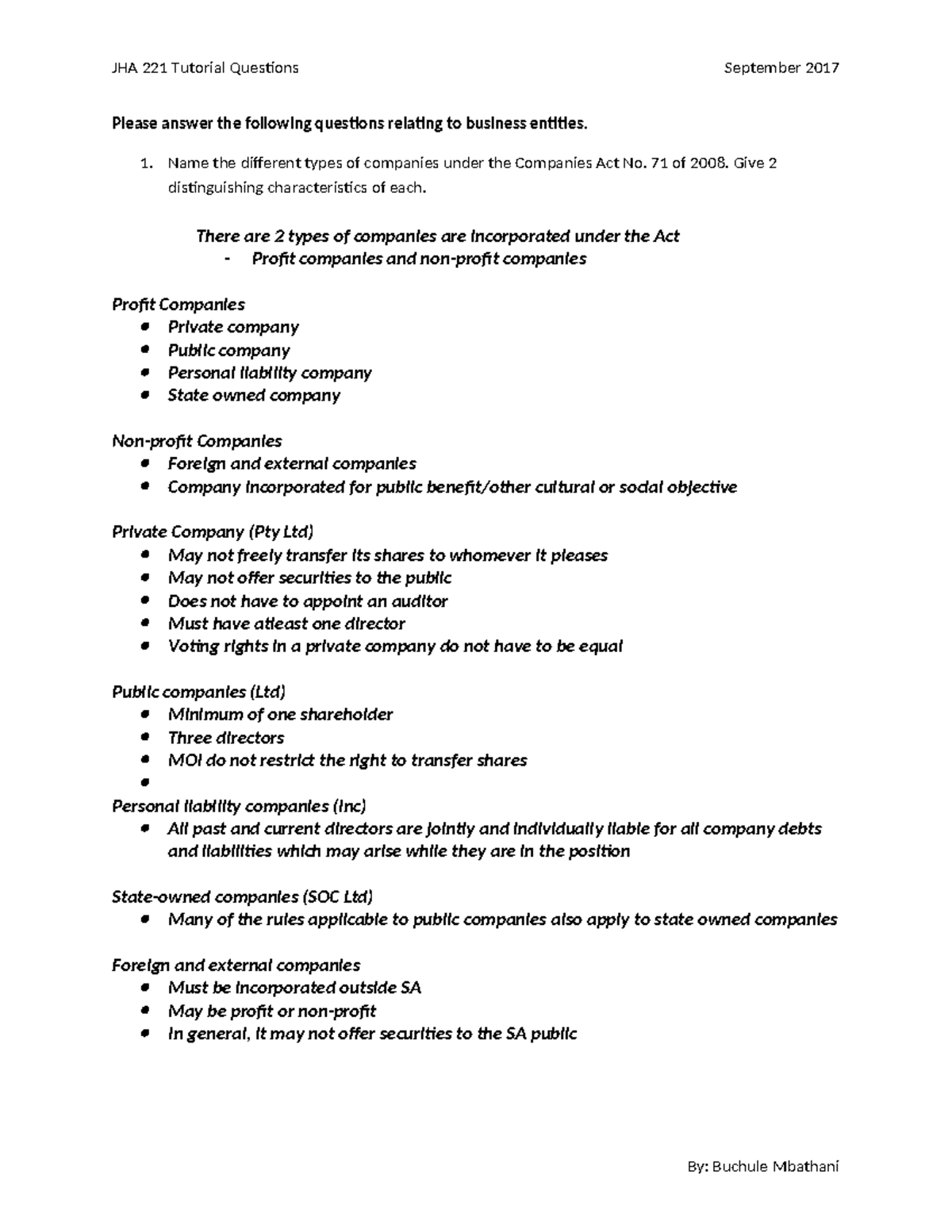 JHA 221 Tutorial Questions & Answers on Business Entities - Studocu