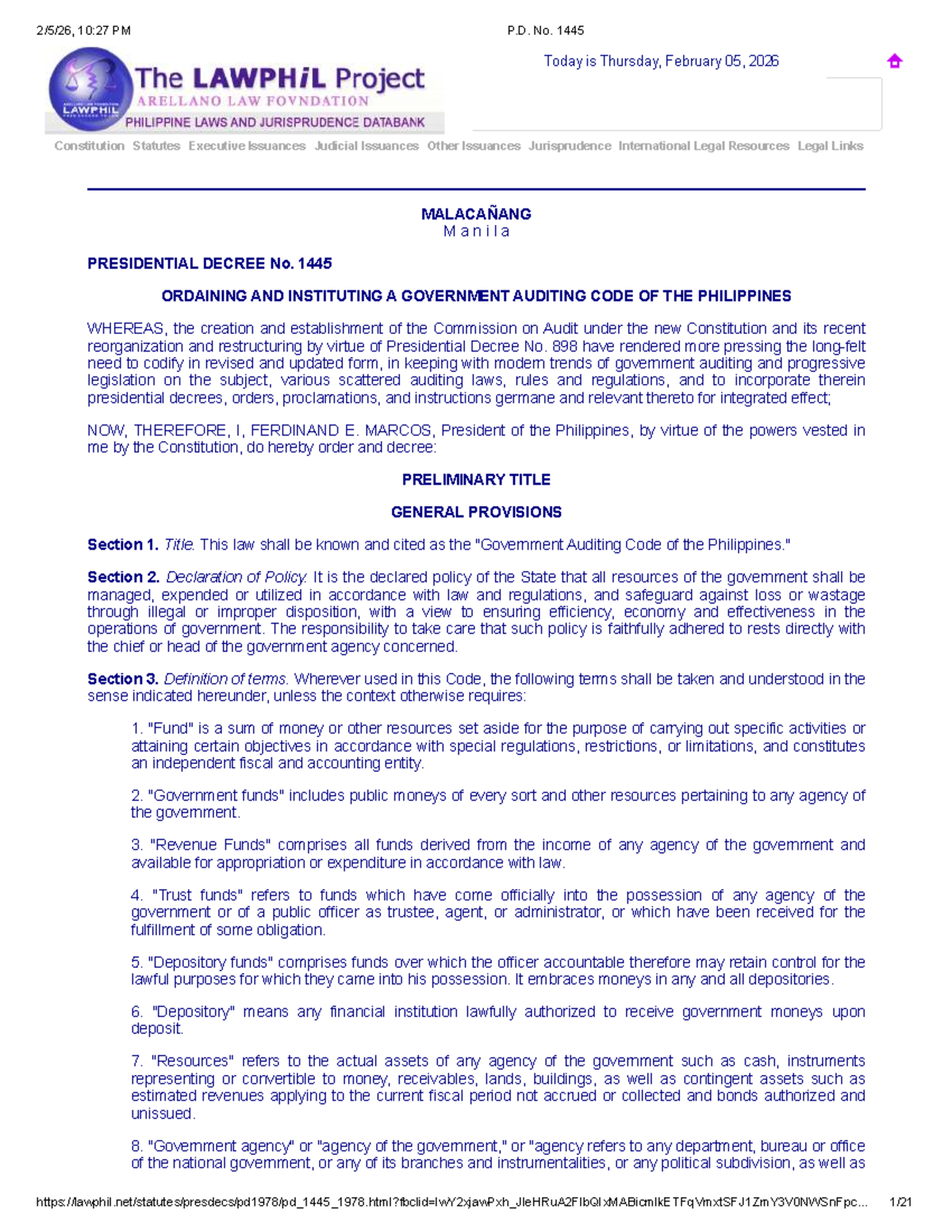 P.D. No. 1445: Government Auditing Code of the Philippines - Studocu
