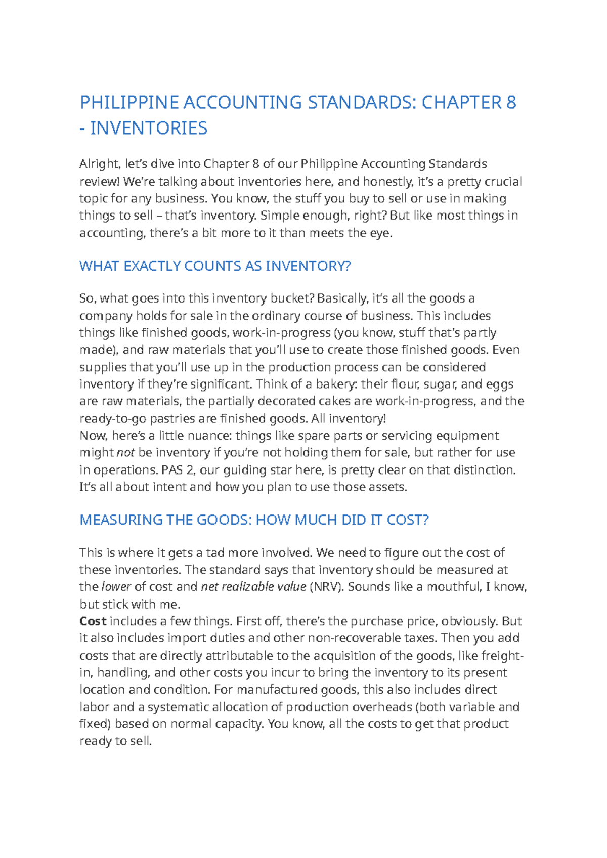 PHILIPPINE ACCOUNTING STANDARDS: CHAPTER 8 - INVENTORIES REVIEW - Studocu