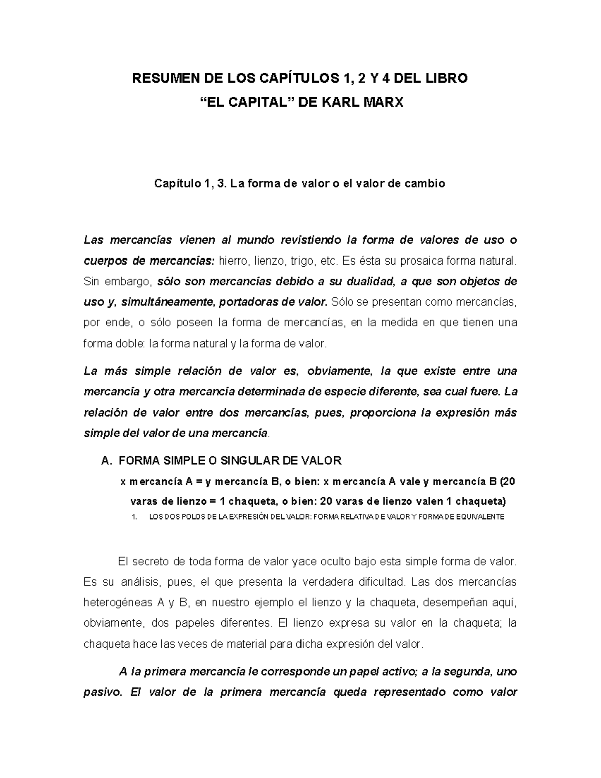 Resumen del capítulo 1, 2 y 4 del libro "El capital". - RESUMEN DE LOS ...