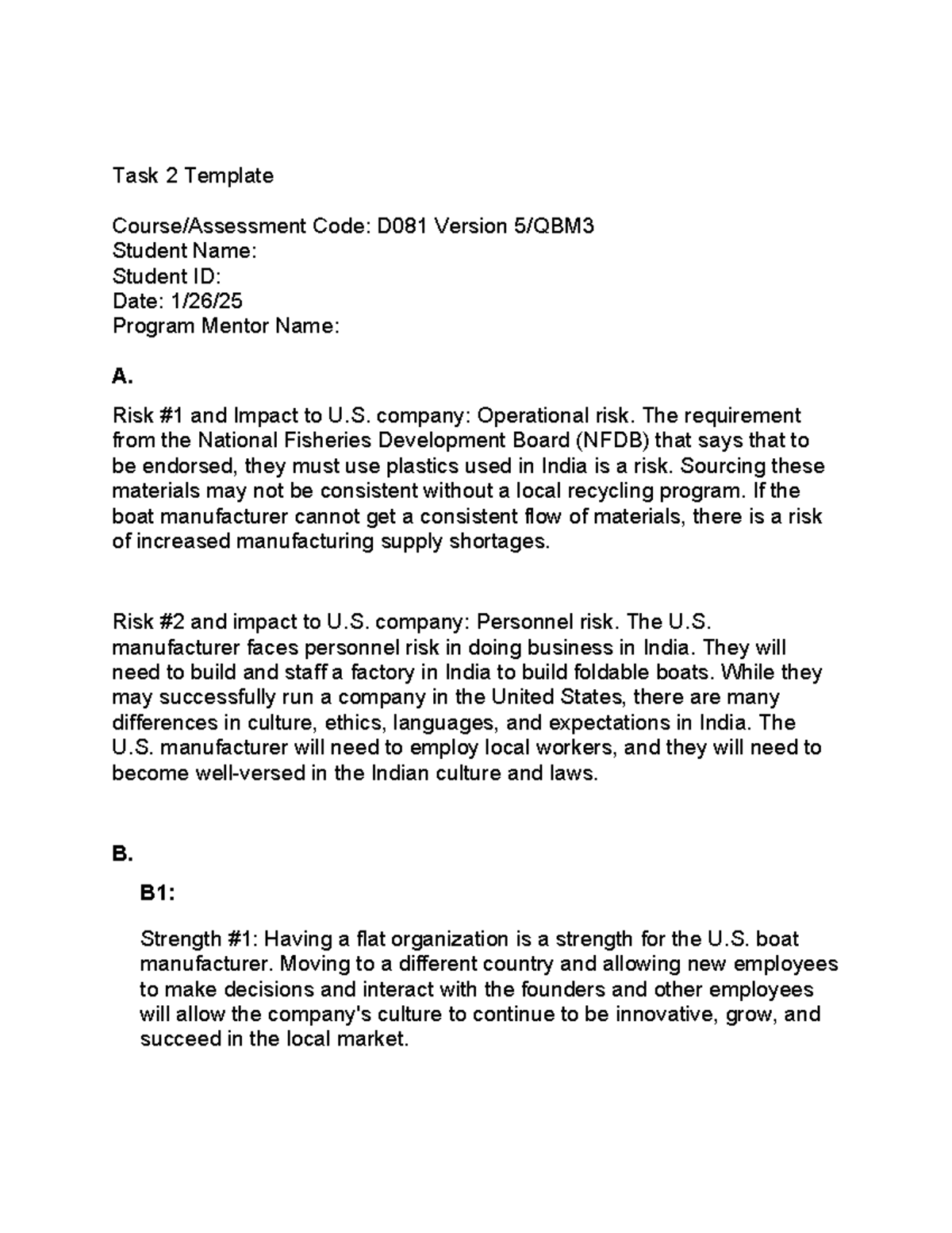 D081 V5-QBM3 Task 2 Template - Task 2 Template Course/Assessment Code ...
