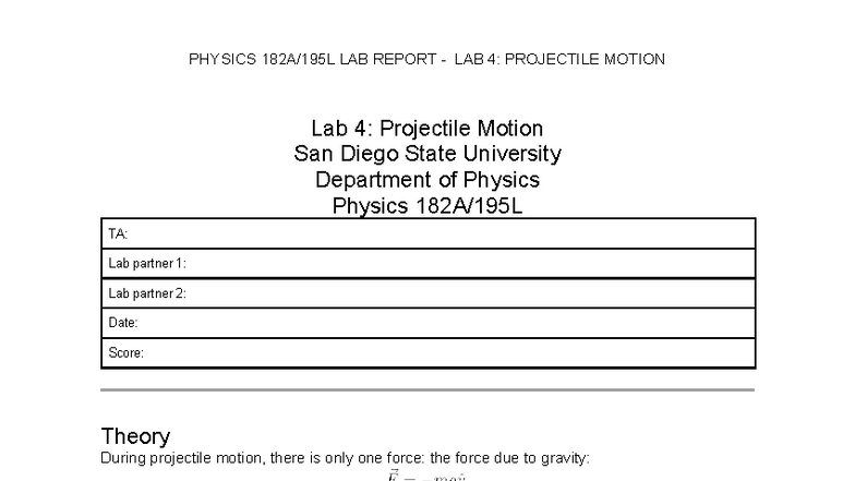 PHYS182A Lab 4: Projectile Motion Report and Analysis - Studocu