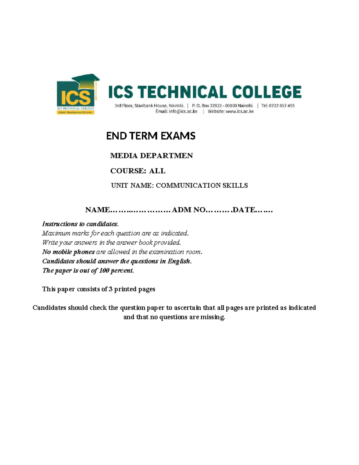 Communication Skills End-Term Exam - Media Dept. (All Units) - Studocu