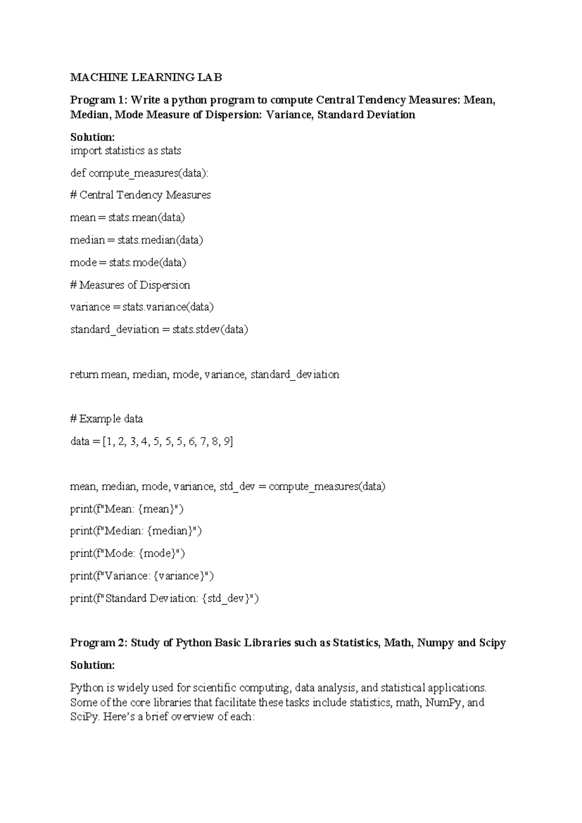 LAB Manual ML R22: Python Programs for Central Tendency & ML Libraries ...