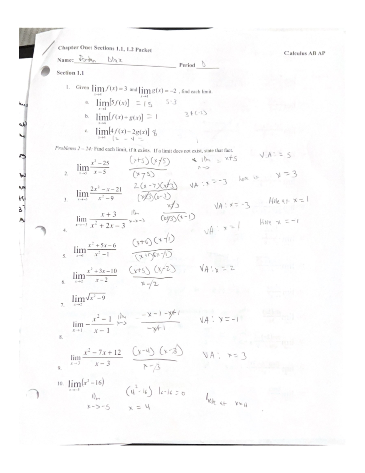 Calculus AB AP Chapter 1: Limit Problems Packet - Studocu
