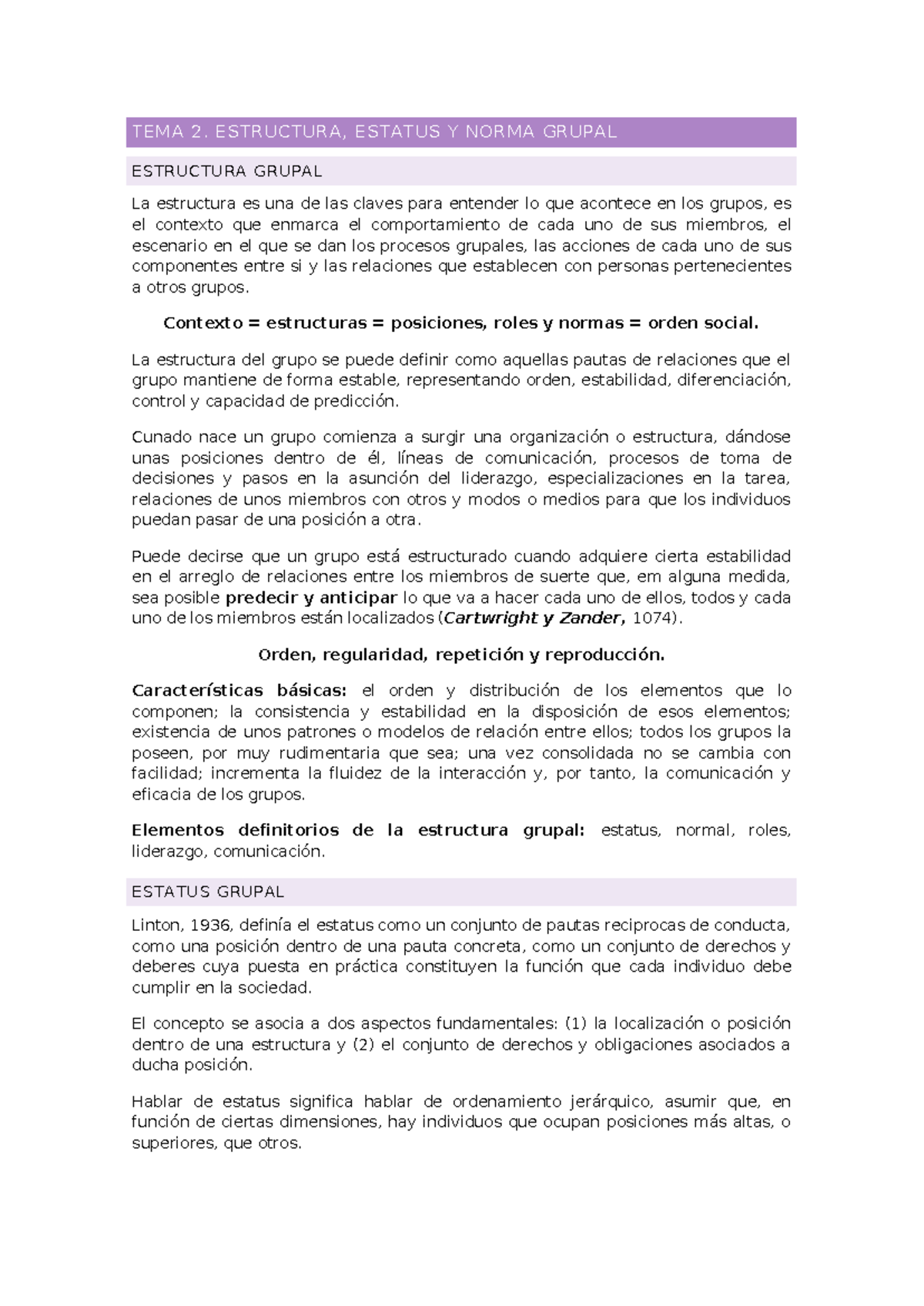 TEMA 2: ESTRUCTURA Y ESTATUS GRUPAL EN DINÁMICAS SOCIALES - Studocu