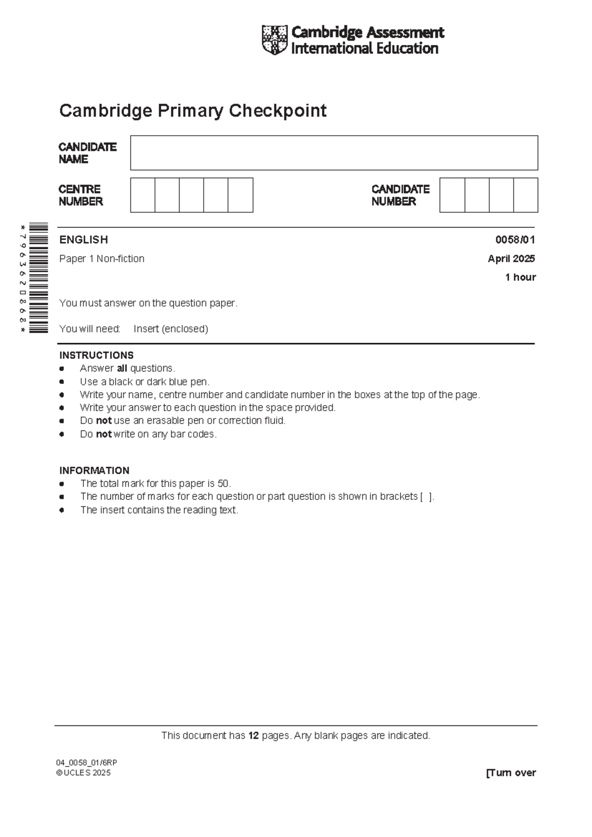 Cambridge Primary Checkpoint ENGLISH Paper 1 - April 2025 Exam Guide ...