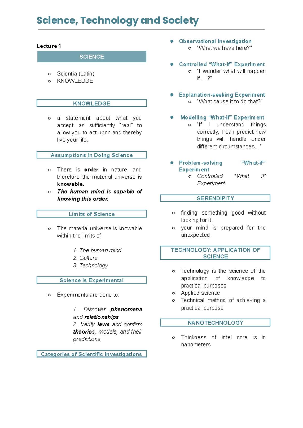 SCI 101: Science, Technology, and Society Lecture Notes - Studocu