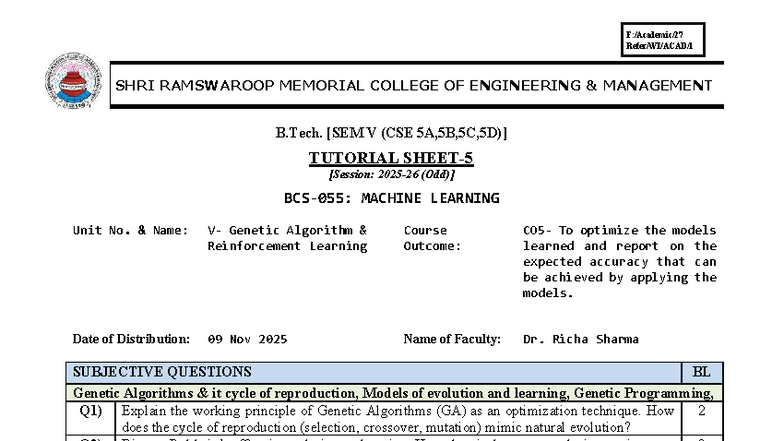 CSE BCS-055 Unit 5 Tutorial: Genetic Algorithms & Reinforcement Learning - Studocu