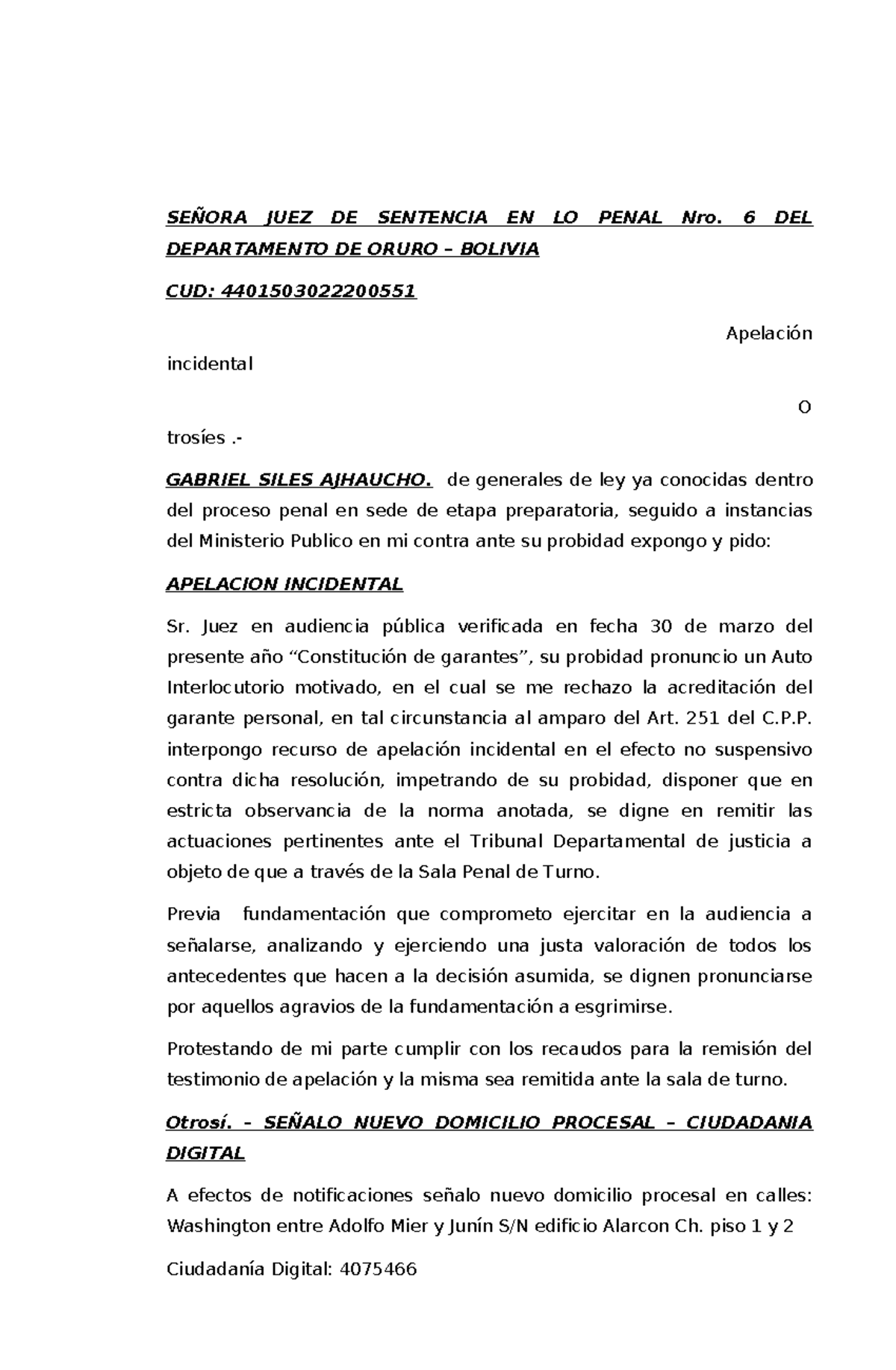Apelación Incidental en Proceso Penal - CUD: 401502012201467 - Studocu