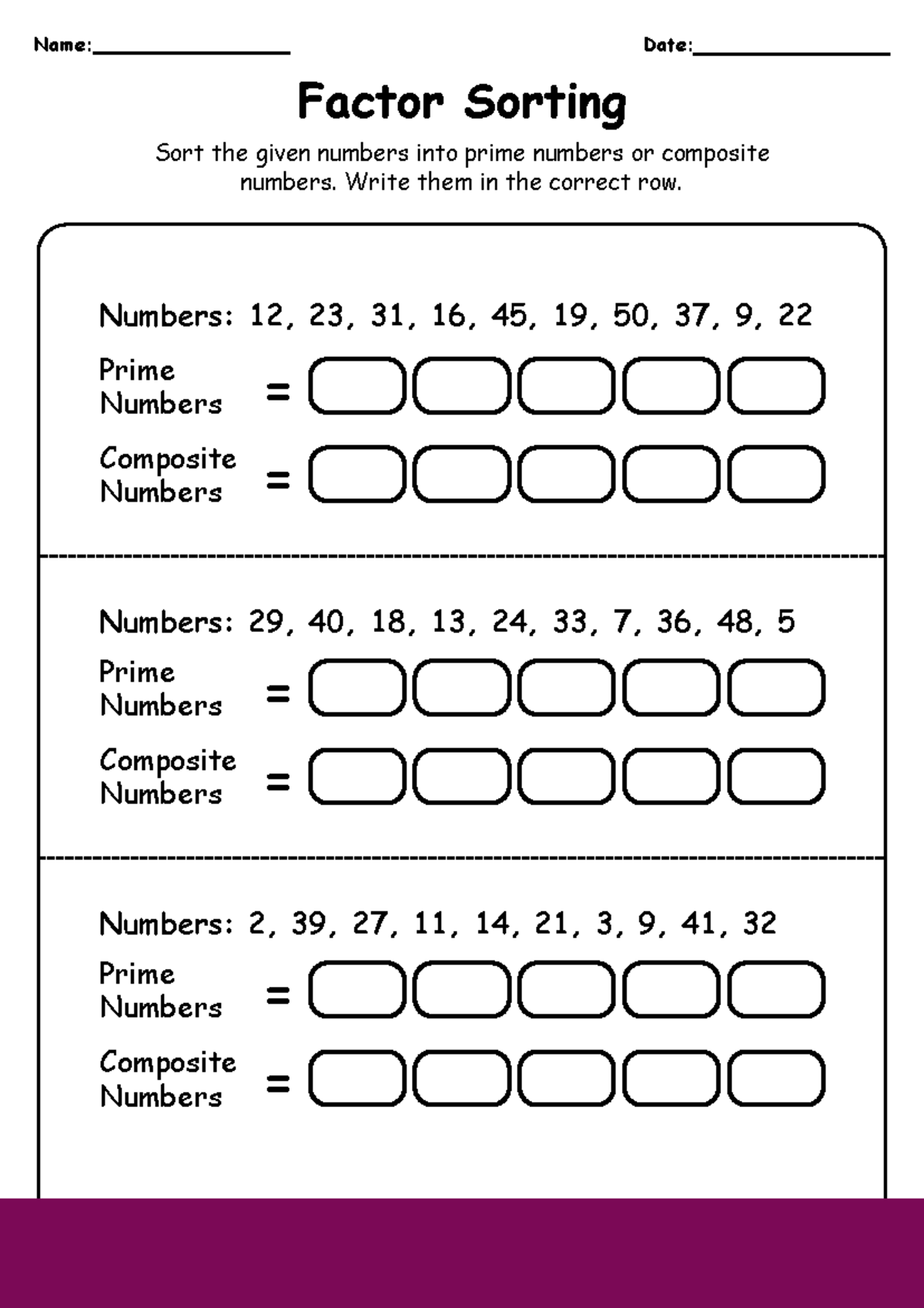 Prime and Composite Number Sorting - 4th Grade Worksheet - Name: Date ...