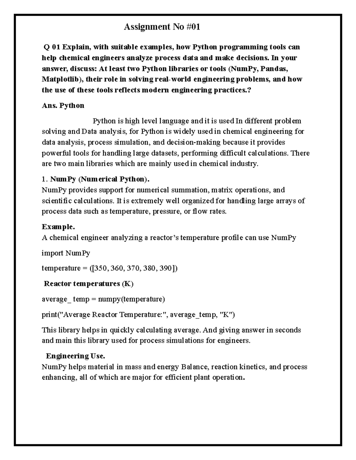 Assignment No 01: Python Tools for Chemical Engineering Analysis (CHE-BSC-023) - Studocu