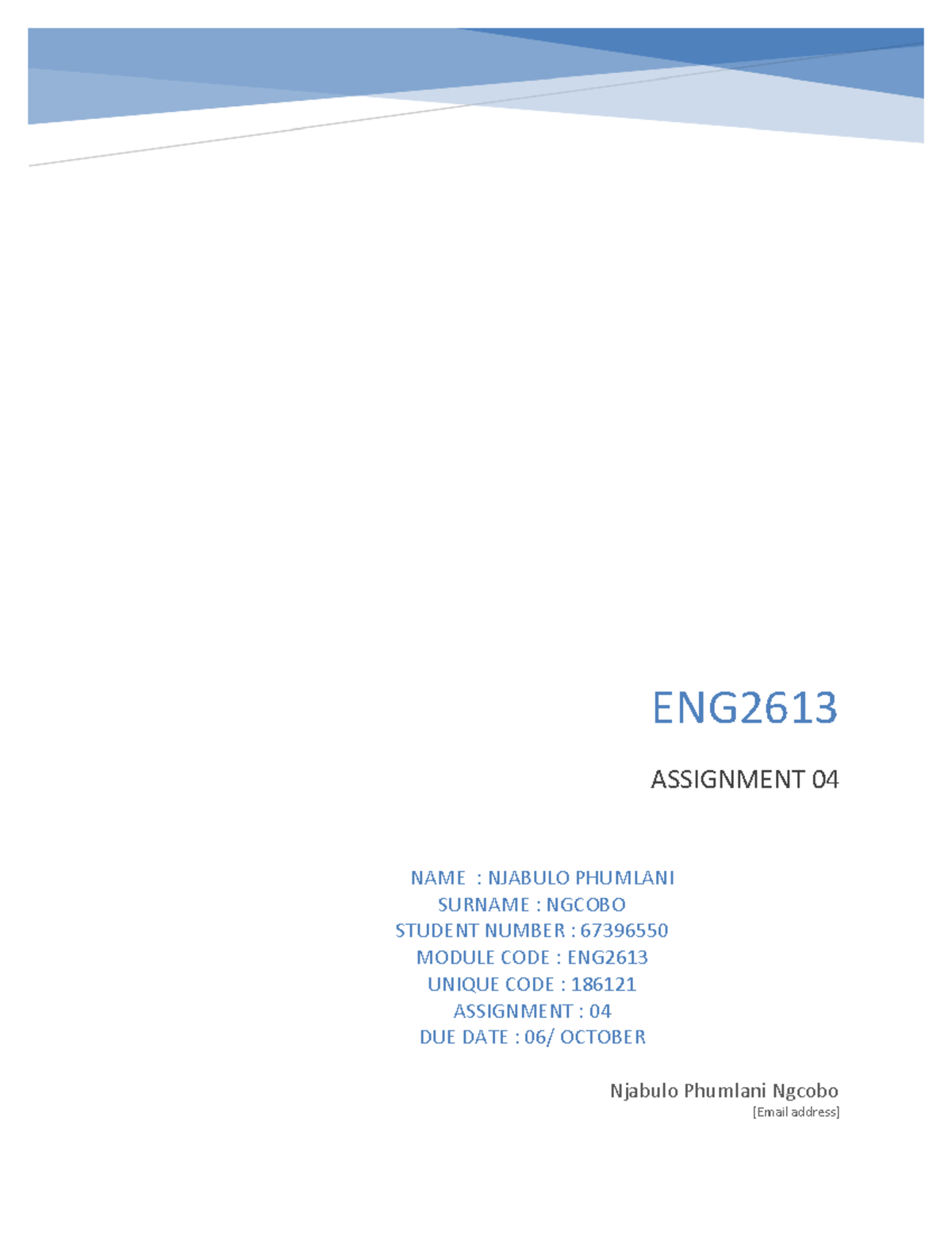 ENG2613 Assignment 04: Analysis of Poetry, Drama, and Prose - Studocu