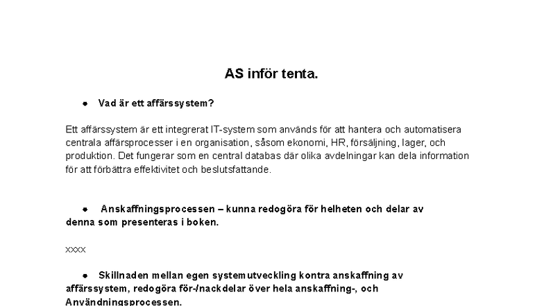 Verksamhet - arbetsprocceser - AS inför tenta. Vad är ett affärssystem ...