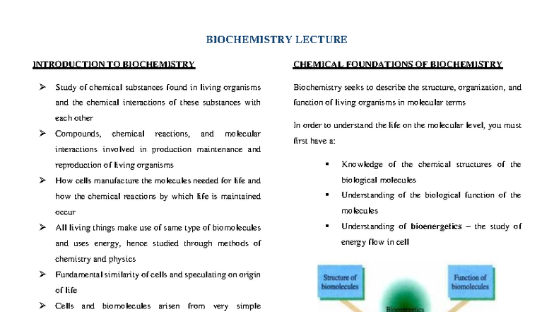 BIOCHEMISTRY LEC PRELIM REVIEWER: INTRO TO CHEMICAL FOUNDATIONS - Studocu