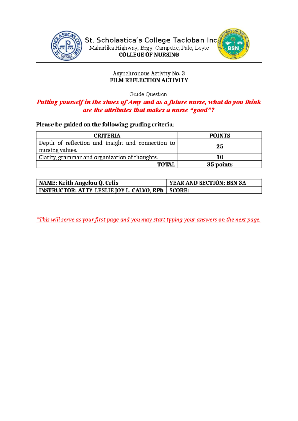 Asynchronous Activity 3: Film Reflection for BSN 3A - Studocu