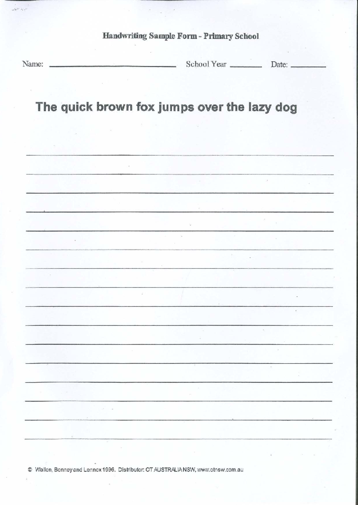 Handwriting Speed Test - OCCT8001 - Handwriting Sample Form Primary ...