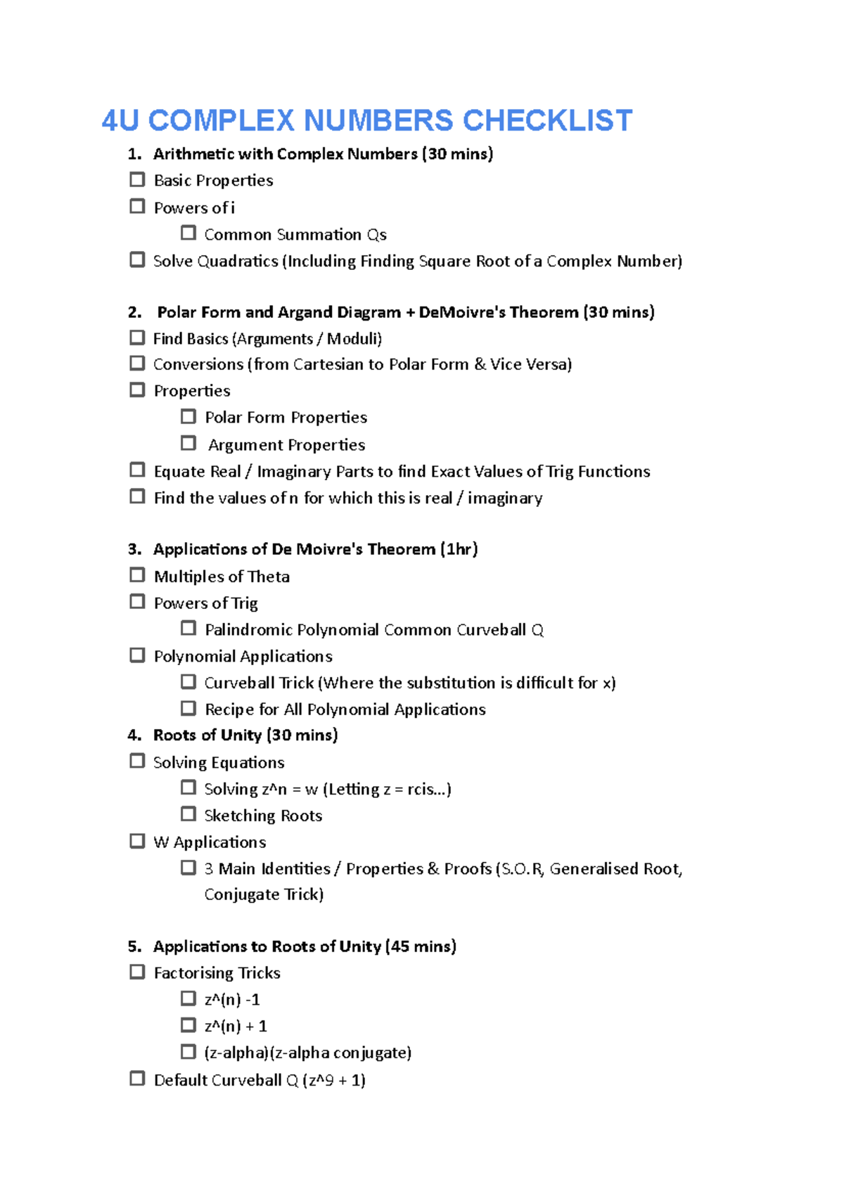 4U Complex Numbers Final Exam Checklist for Review - Studocu