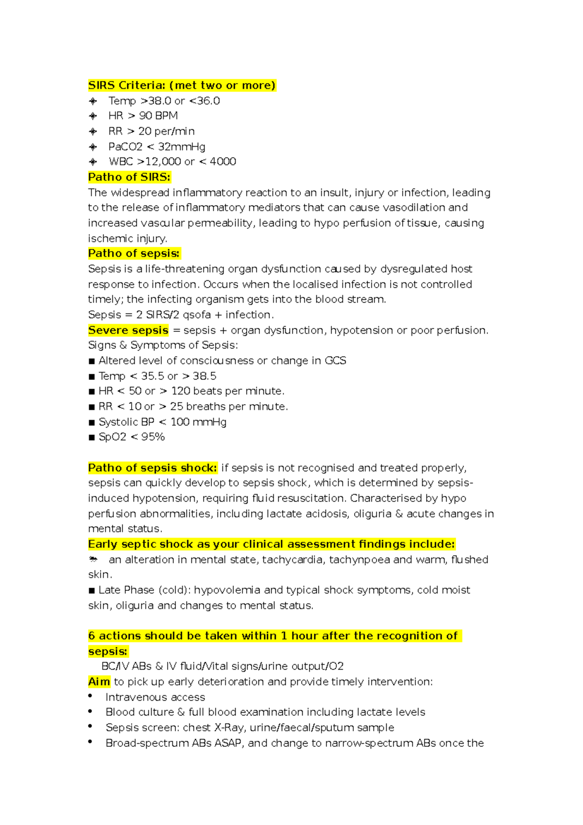 hnn325 Week 2 - SIRS+sepsis+shock - SIRS Criteria: (met two or more ...