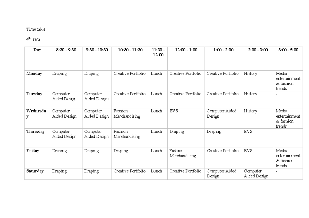 4th Sem Timetable for Fashion & Design Courses: Week Overview - Studocu