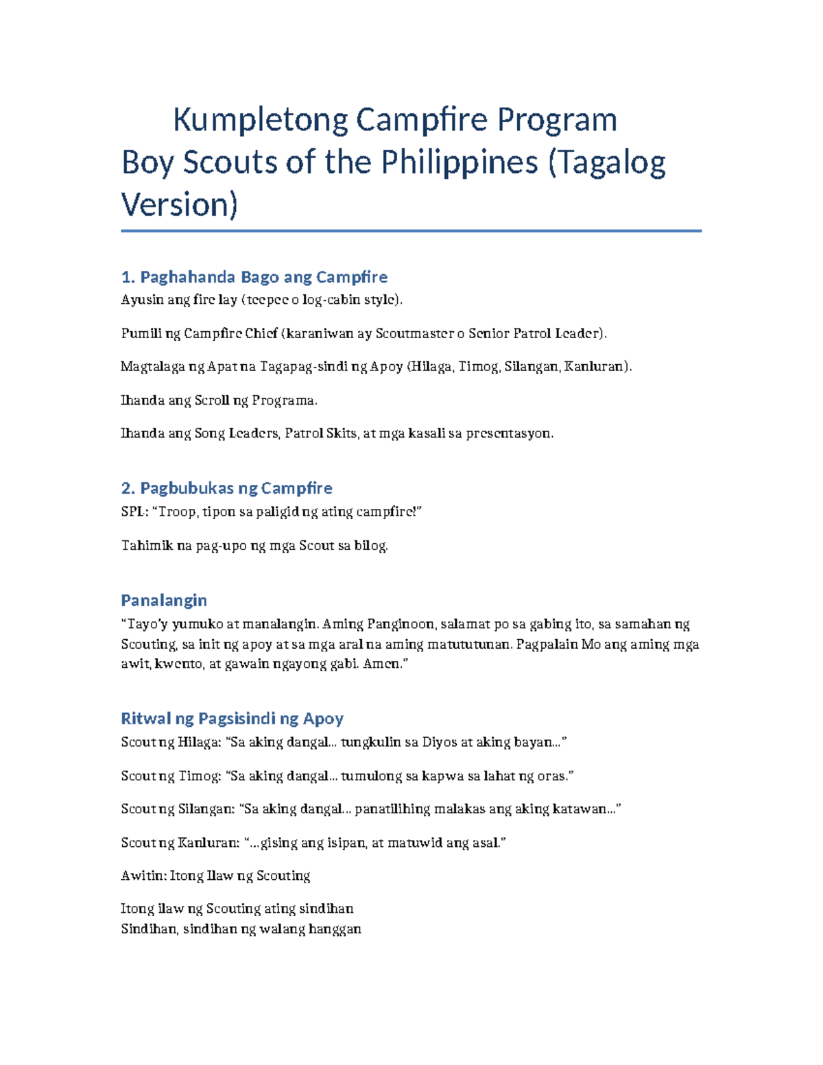 Campfire Program for Boy Scouts of the Philippines (Tagalog) - Studocu