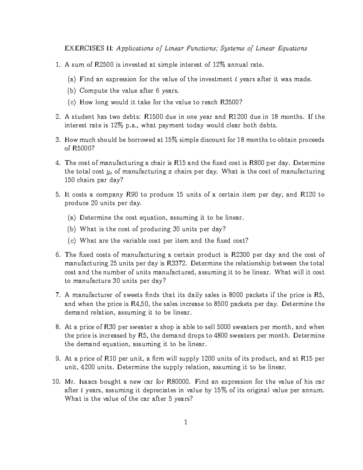 Linear Functions & Systems of Equations Exercise 2 (MATH101) - Studocu