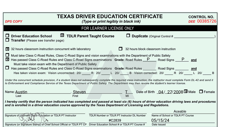 TEXAS DRIVER EDUCATION CERTIFICATE - DEE 00385726 - Studocu