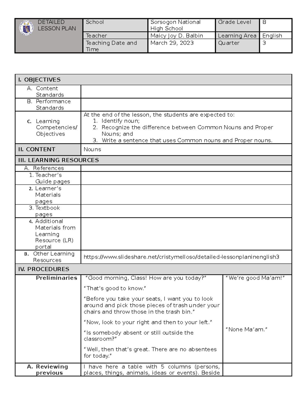 DLP - Detailed Lesson Plan on Nouns for Grade 8 English Class - Studocu