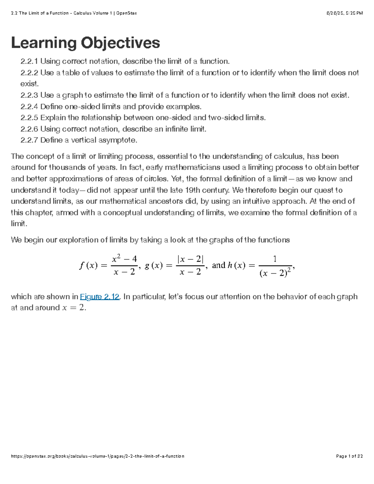 The Limit of a Function - Calculus Volume 1 (Chapter 2.2) - Studocu