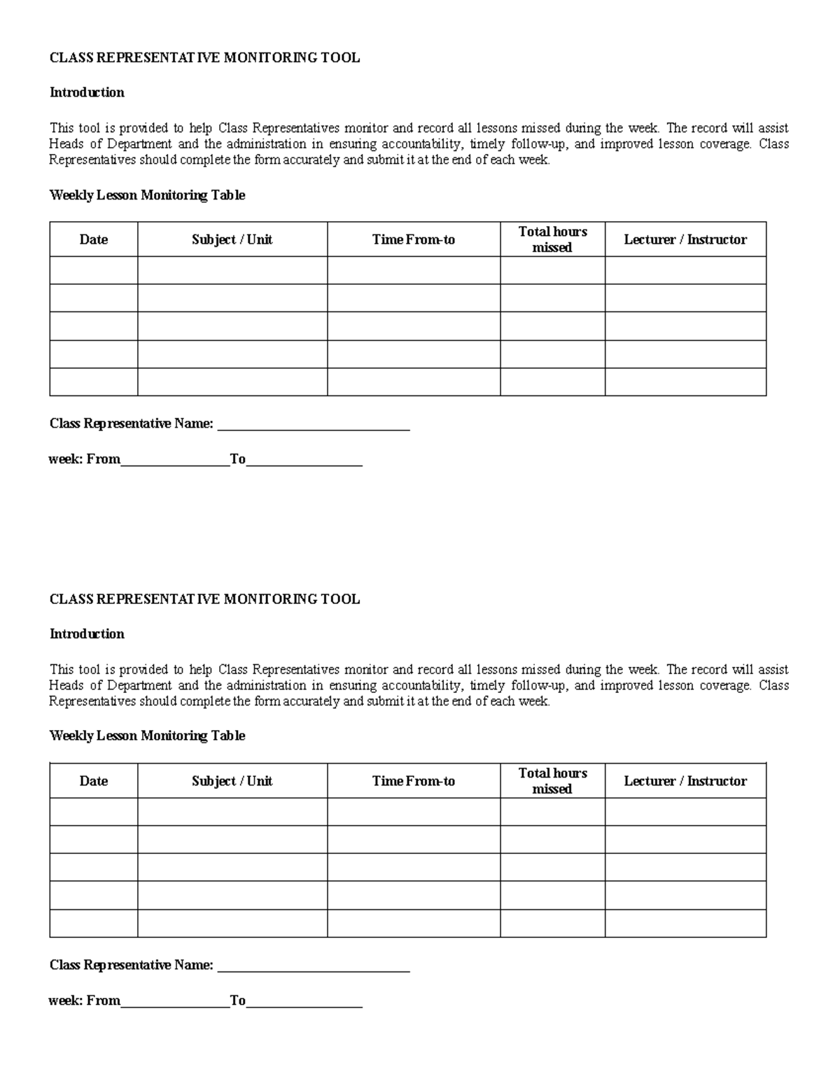 Class Representative Monitoring Tool: Weekly Lesson Tracker - Studocu