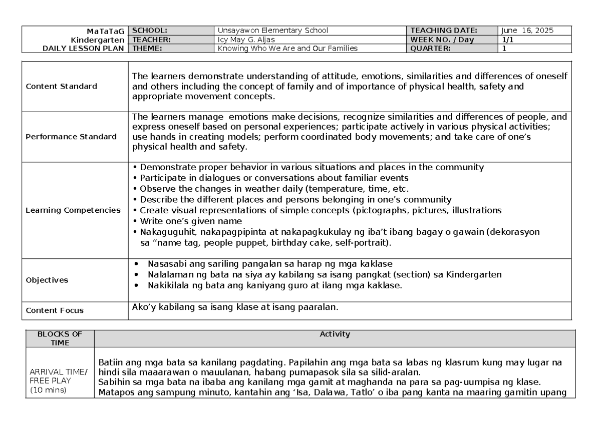 Kinder MaTaTaG Q1 Week 1 Daily Lesson Plan - June 16, 2025 - Studocu