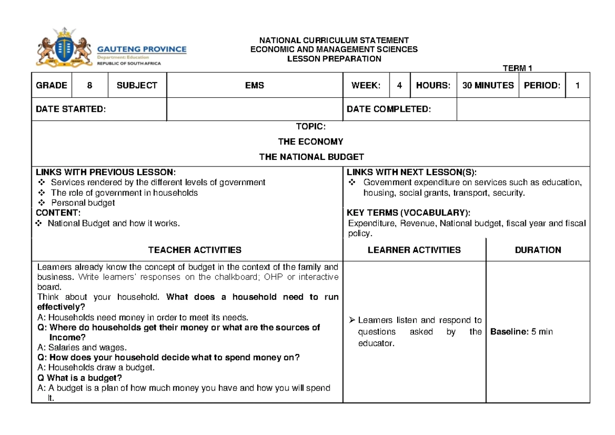 ECONOMIC AND MANAGEMENT SCIENCES GRADE 8 WEEK 4 LESSON PLAN - Studocu