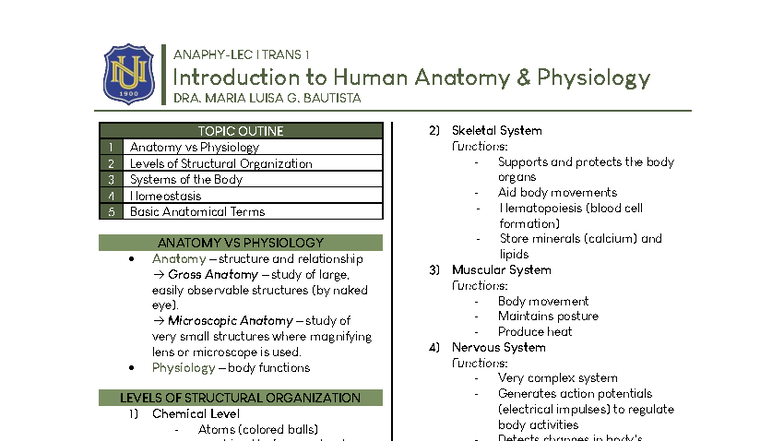 ANAPHY LEC TRANS 1 - Intro to Human Anatomy & Physiology - Studocu