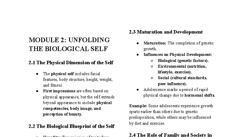 Module 2: The Biological Self - Physical Dimension Overview - Studocu