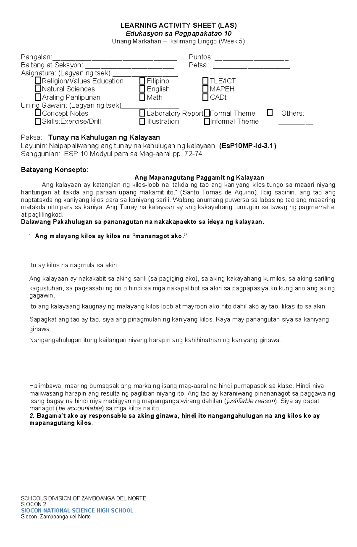 LAS 5 Kalayaan - Esp 10: Tunay na Kahulugan ng Kalayaan - Studocu