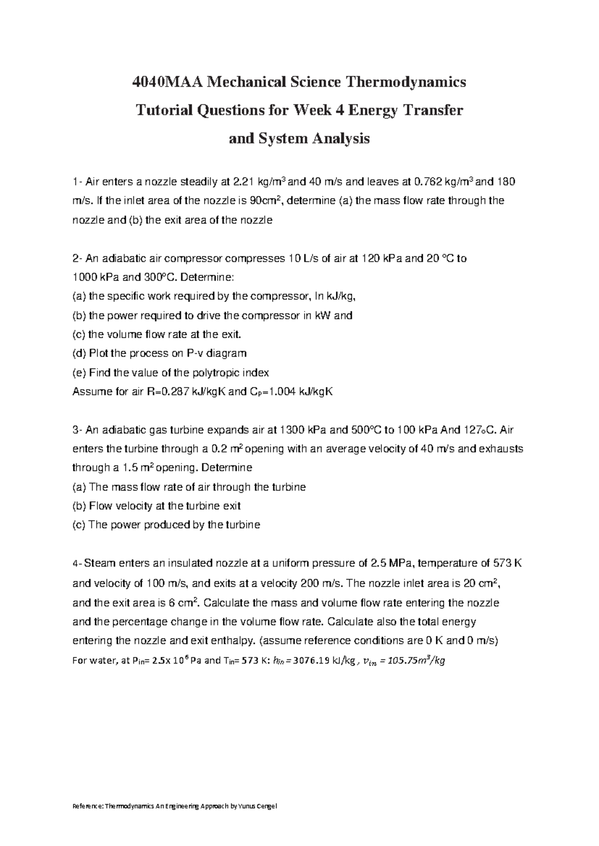 4040 MAA Thermodynamics Tutorial 4 - Energy Transfer Questions - Studocu