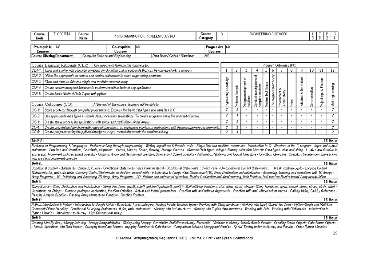 21CSS101J Programming for problem solving syllabus overview - Studocu