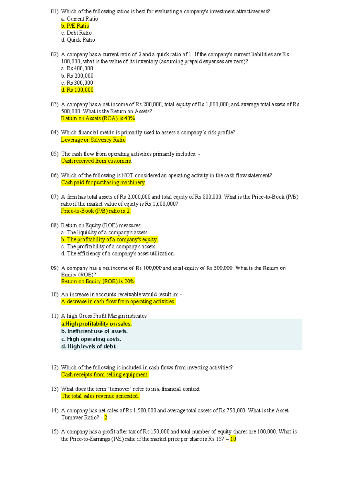 FMA Quiz 1 - Sample questions - Which of the following ratios is best ...