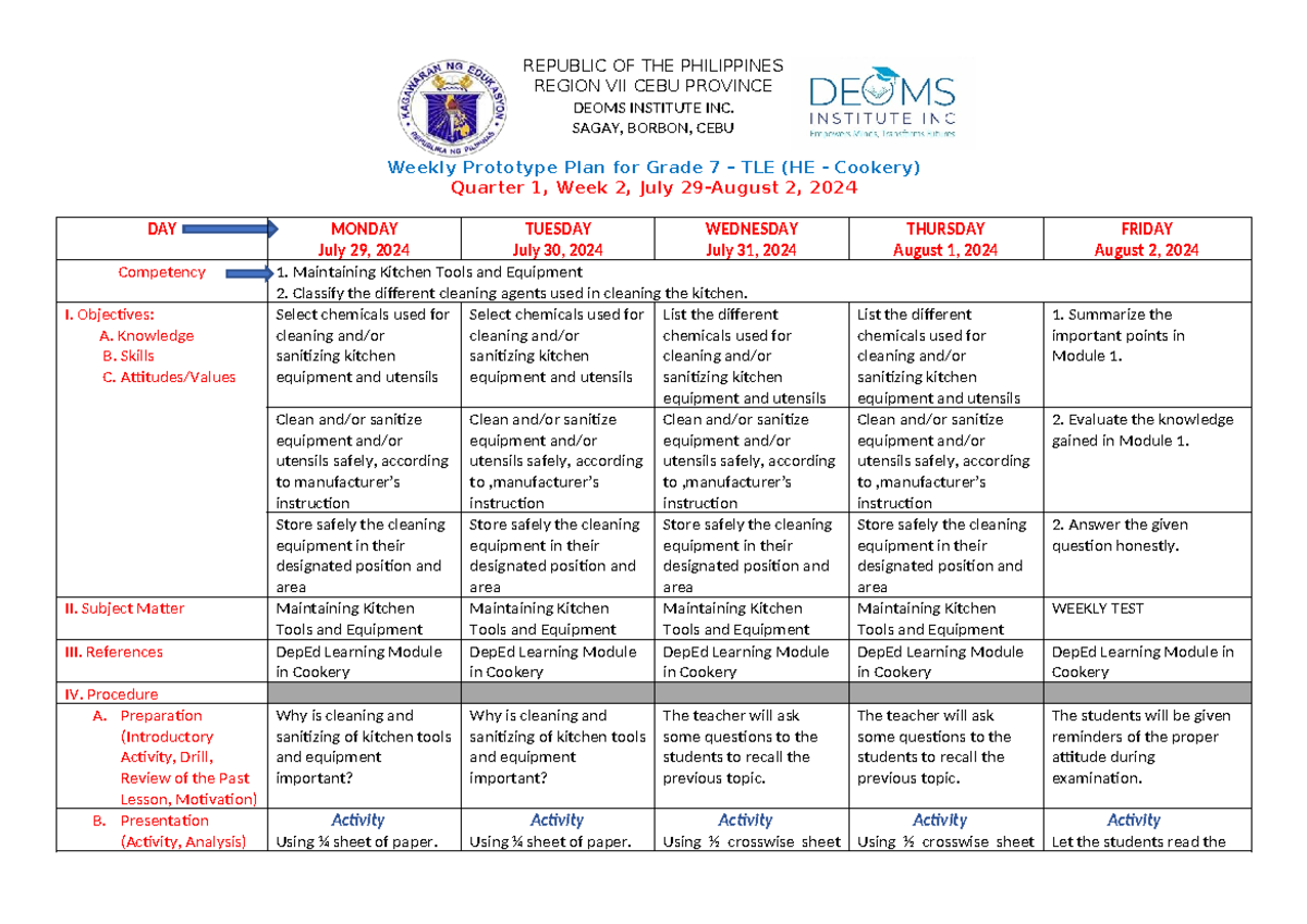 Weekly Prototype Plan for Grade 7 TLE (HE Cookery) - Week 2 - Studocu