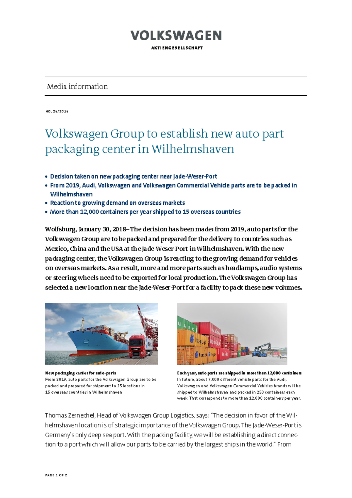 30 01 18 PM Volkswagen Group to establish new auto part packaging ...