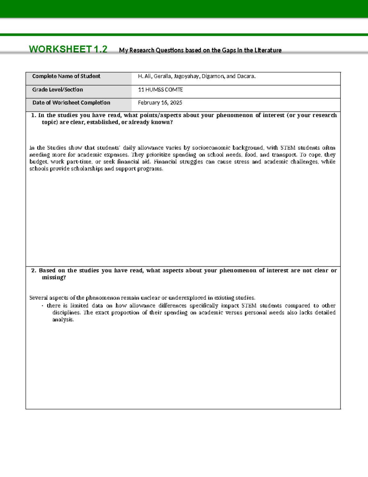 Worksheet 1.2 Jagoyahay Group - WORKSHEET 1 My Research Questions based ...